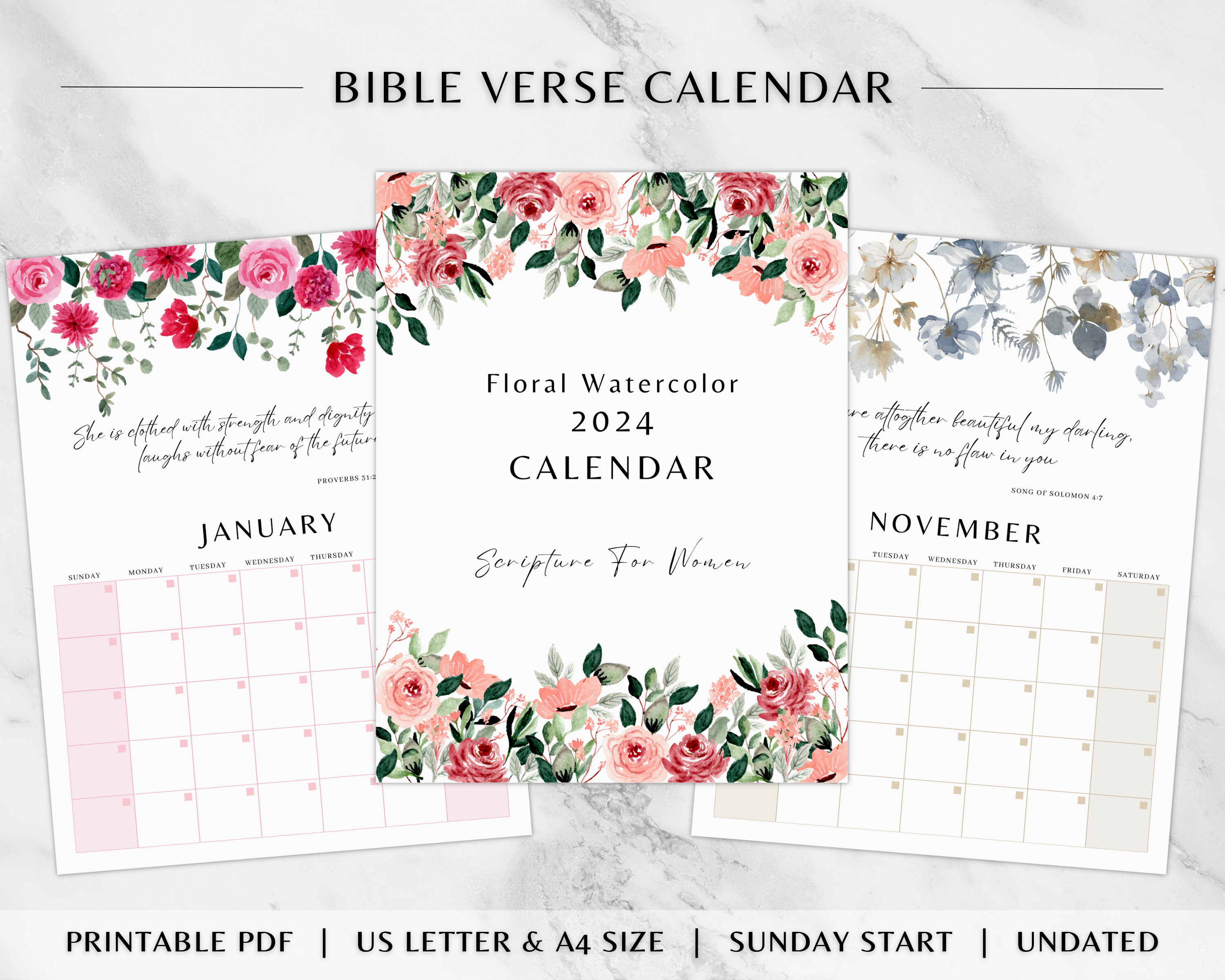2024 Bible Verse Calendar | Floral Watercolor Printable | Christian ...