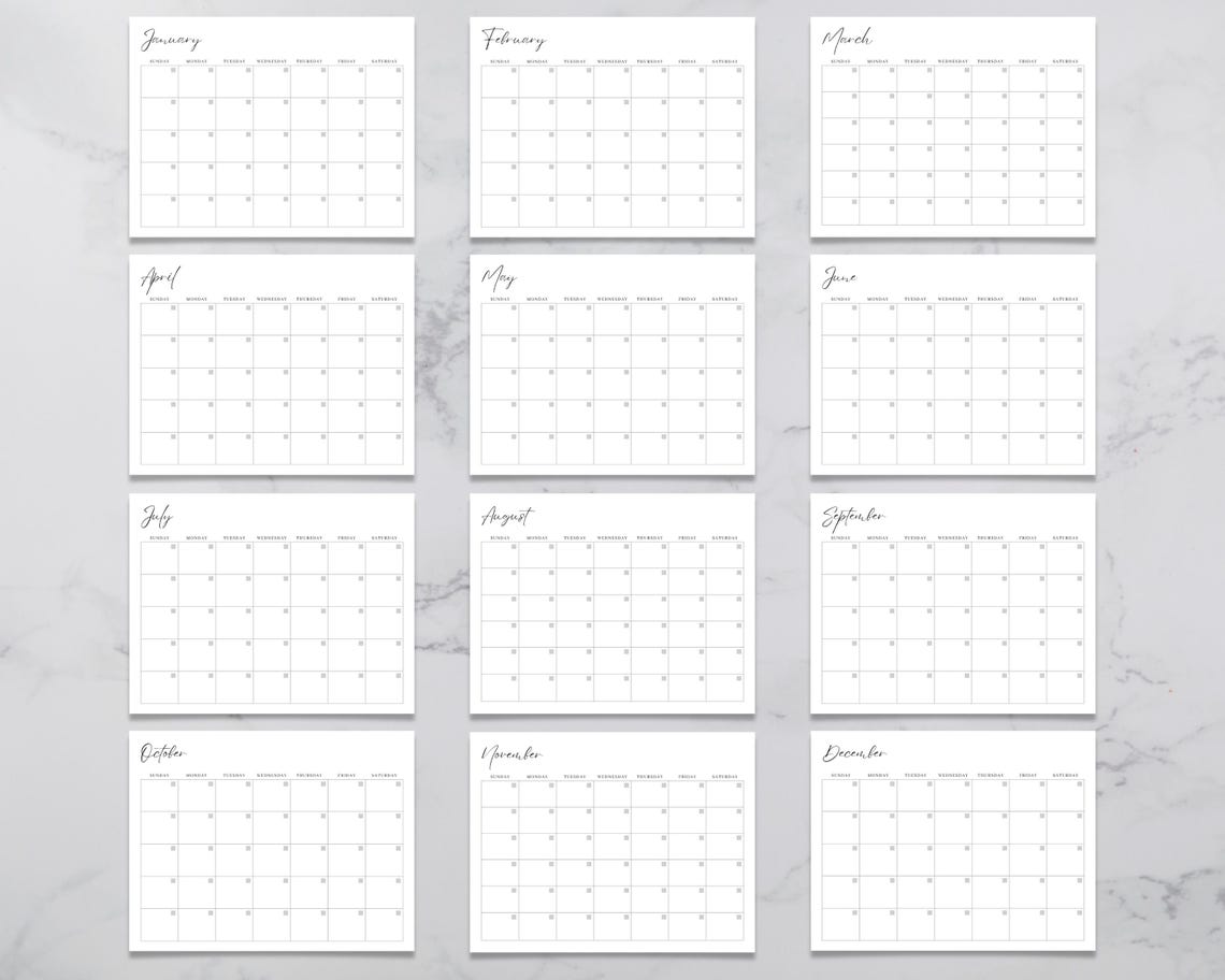 Undated 2025 Calendar Printable | Blank Monthly Landscape Wall Calendar ...