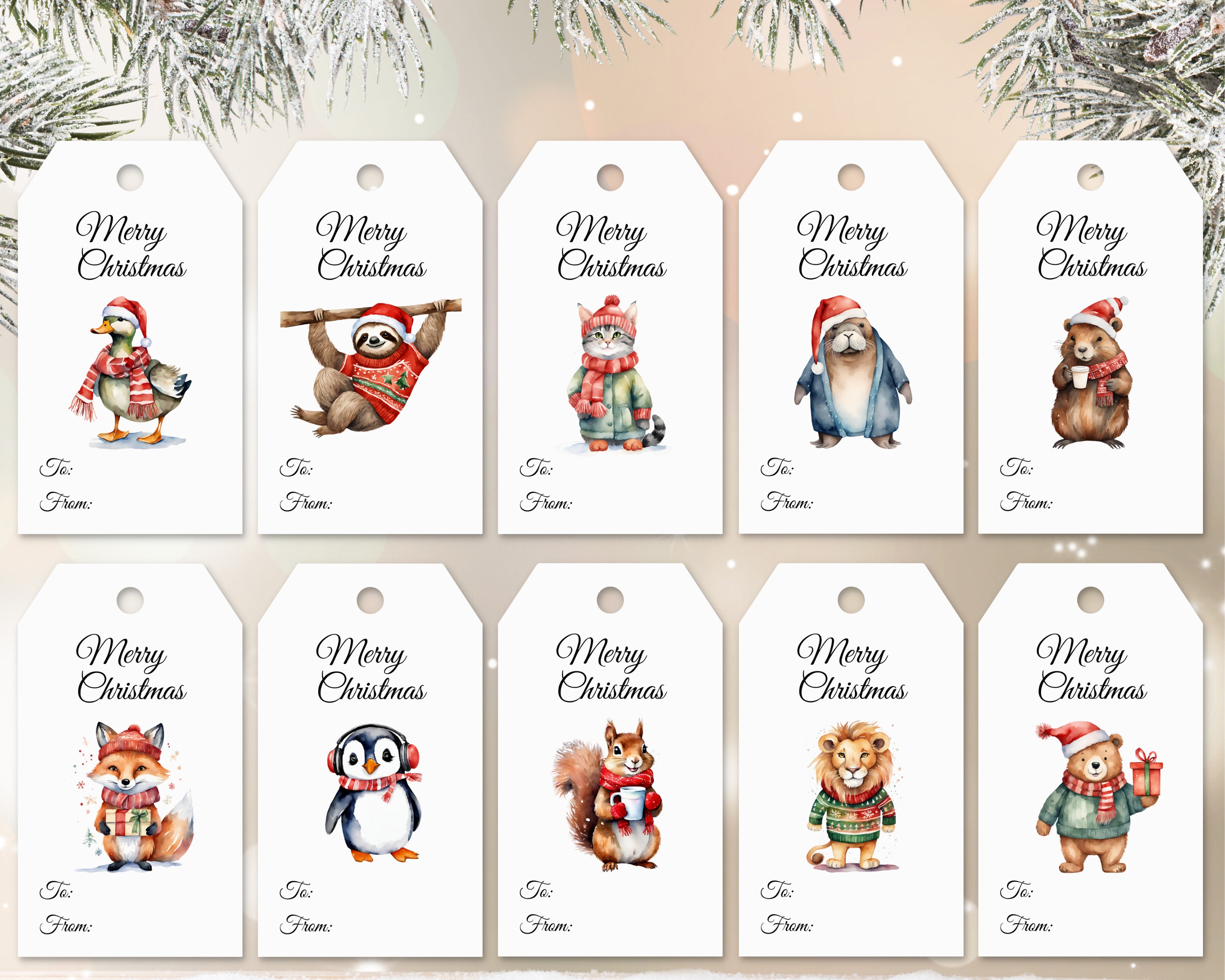 Cute Christmas Animal Gift Tags Printable Watercolor Pet Labels DIY ...