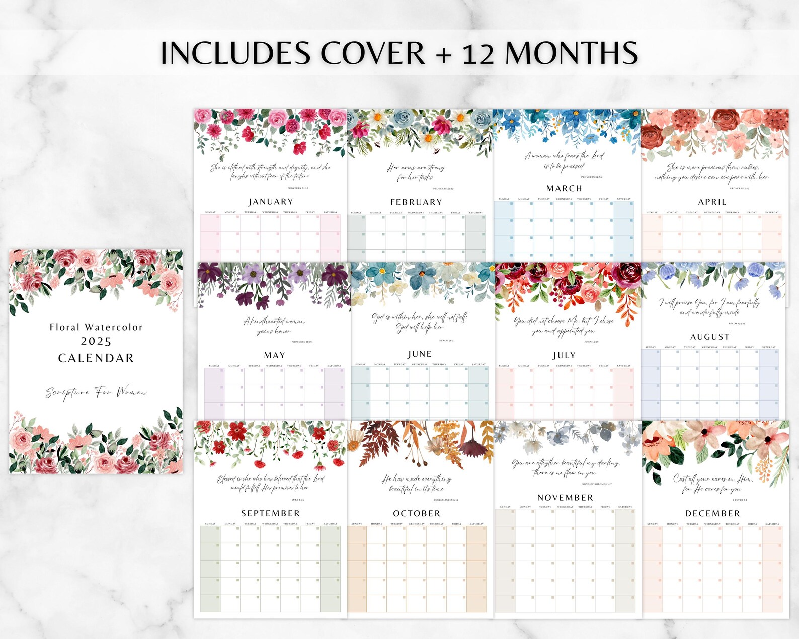 2025 Bible Verse Calendar | Floral Watercolor Printable | Christian ...