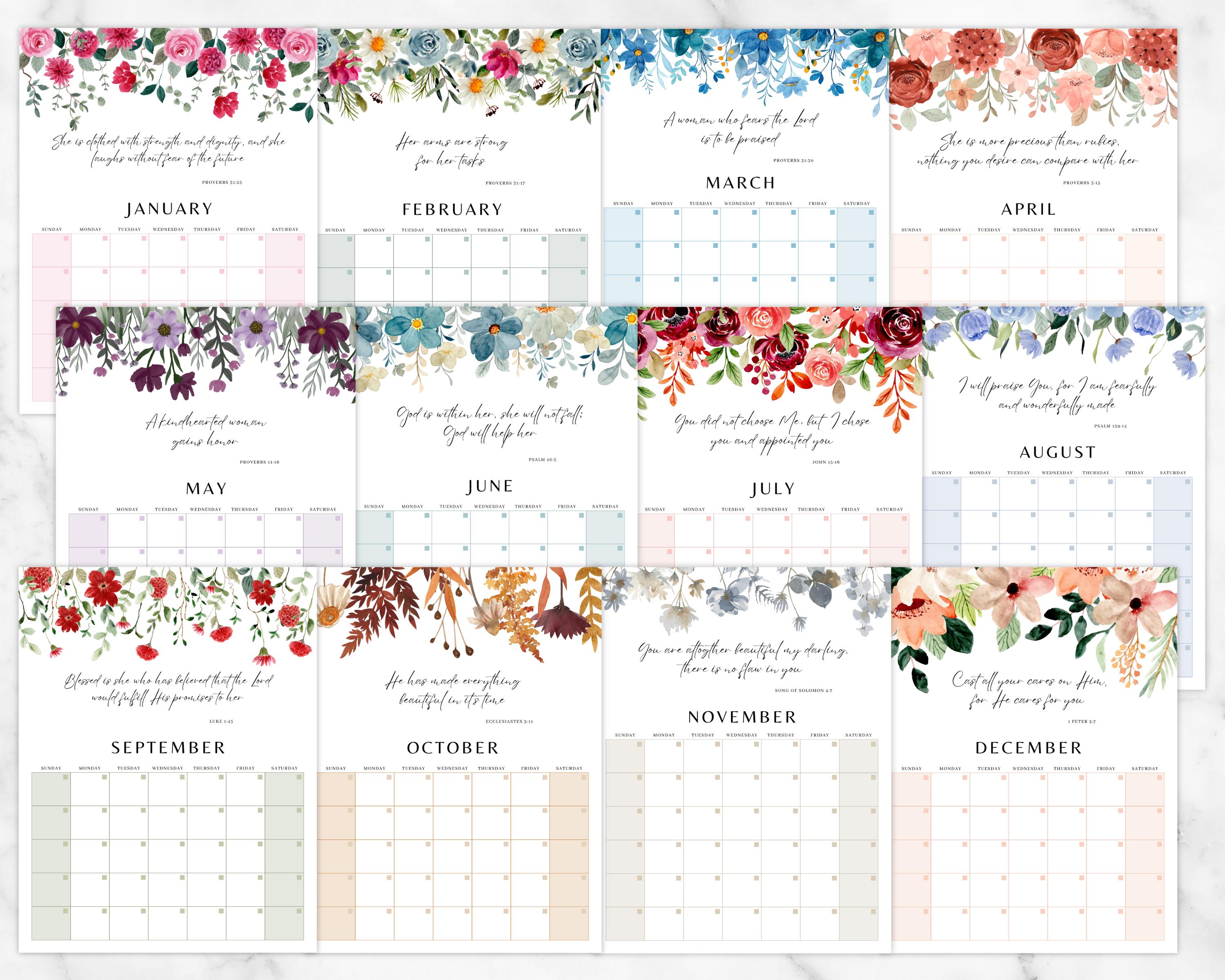 2025 Bible Verse Calendar | Floral Watercolor Printable | Christian ...