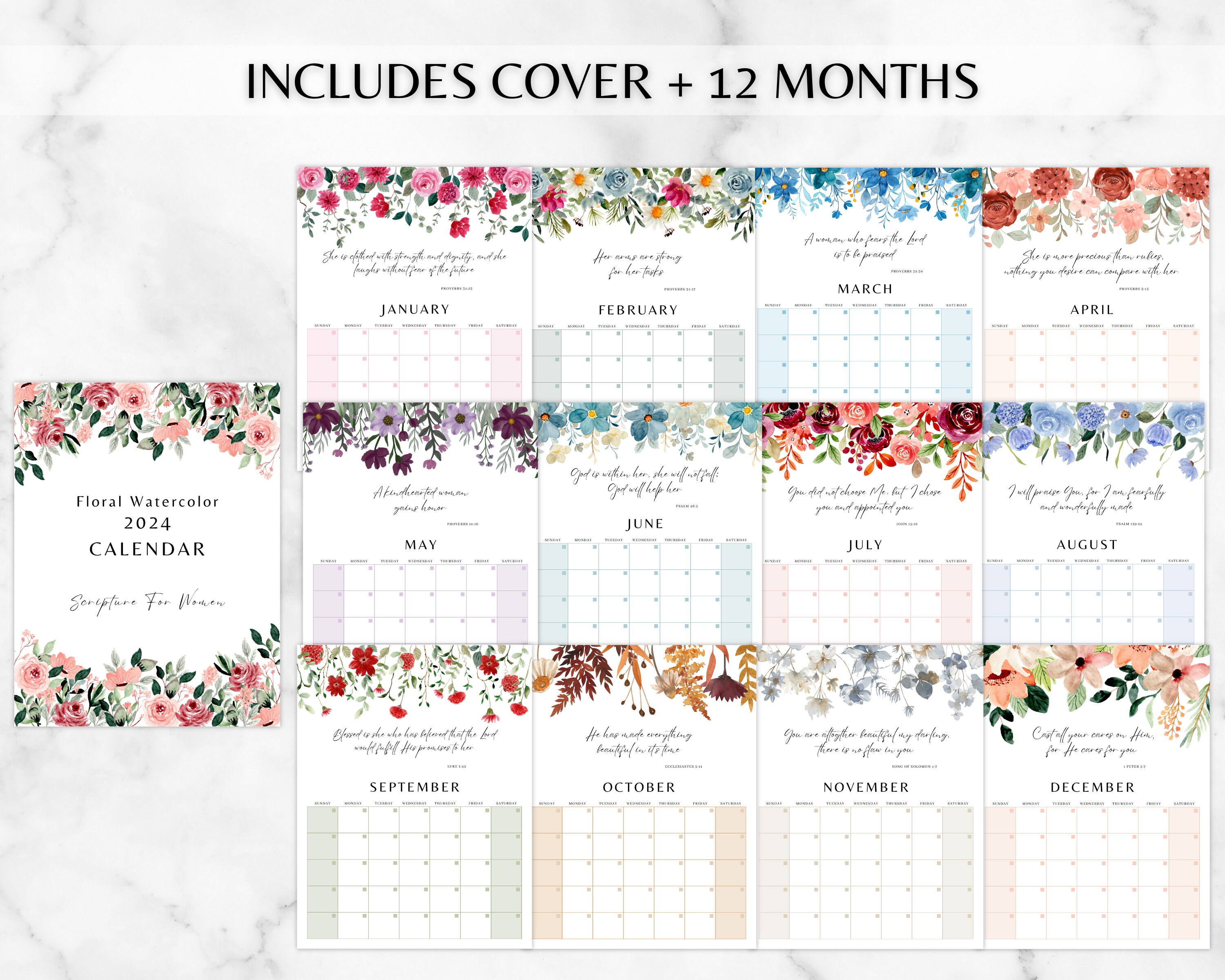2024 Bible Verse Calendar | Floral Watercolor Printable | Christian ...