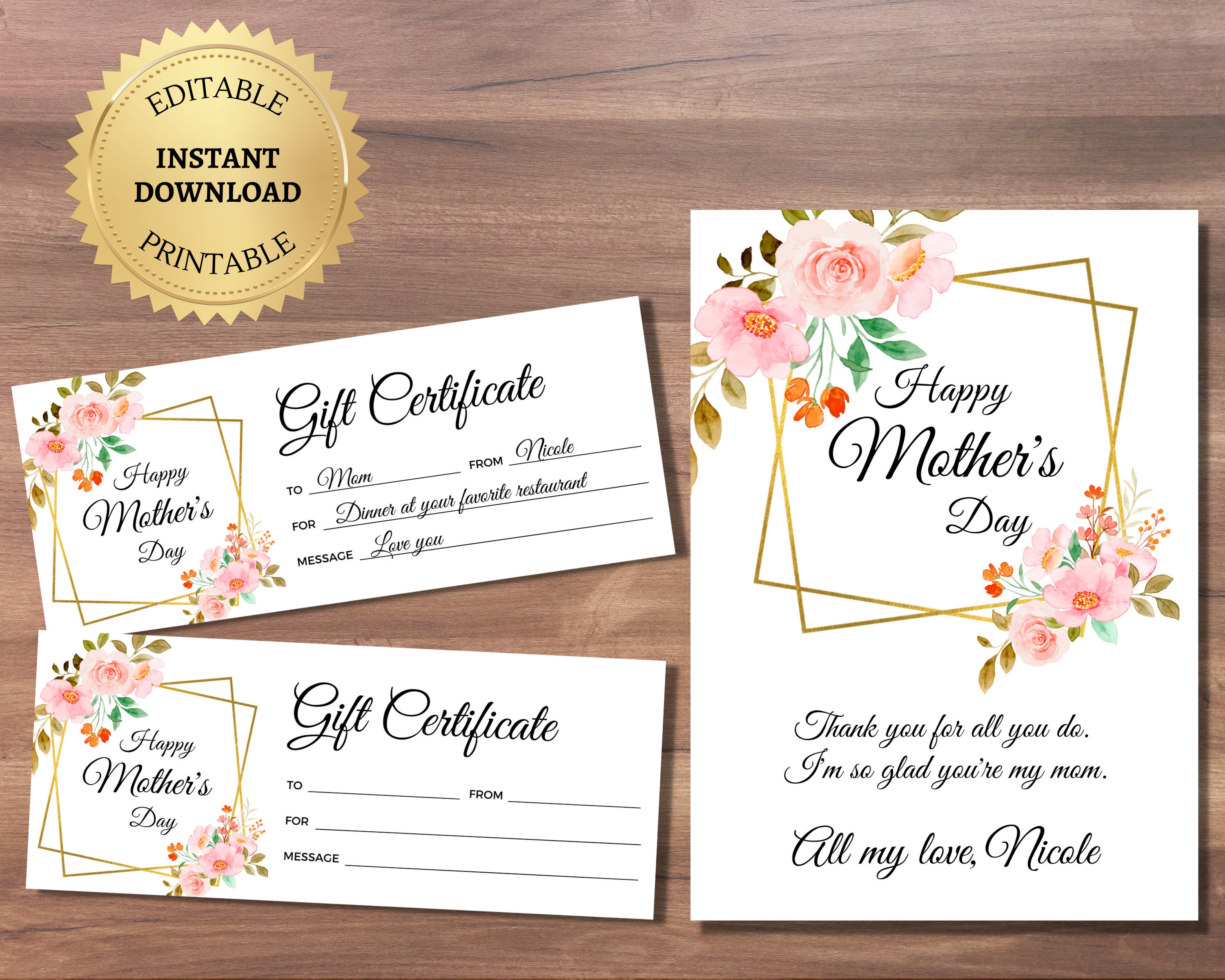 Custom Printable Mothers Day Gift Certificate Bundle Personalized Card ...