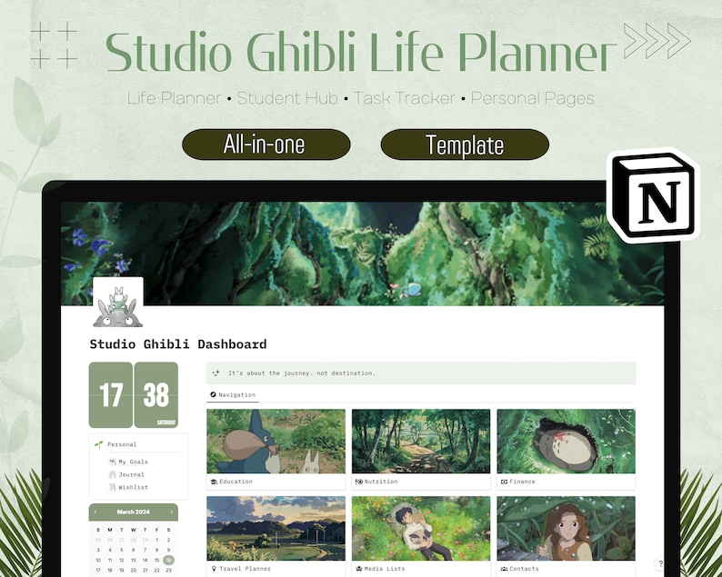 Studio Ghibli Life Planner Template for Notion | All in One Dashboard, Digital Weekly Planner ...