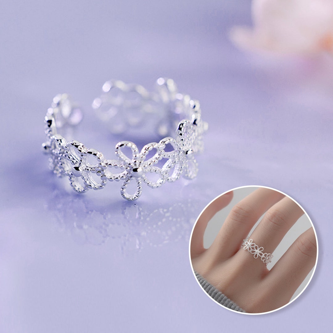 925 Sterling Silver Dainty Flower Band Ring, Floral Ring,adjustable ...