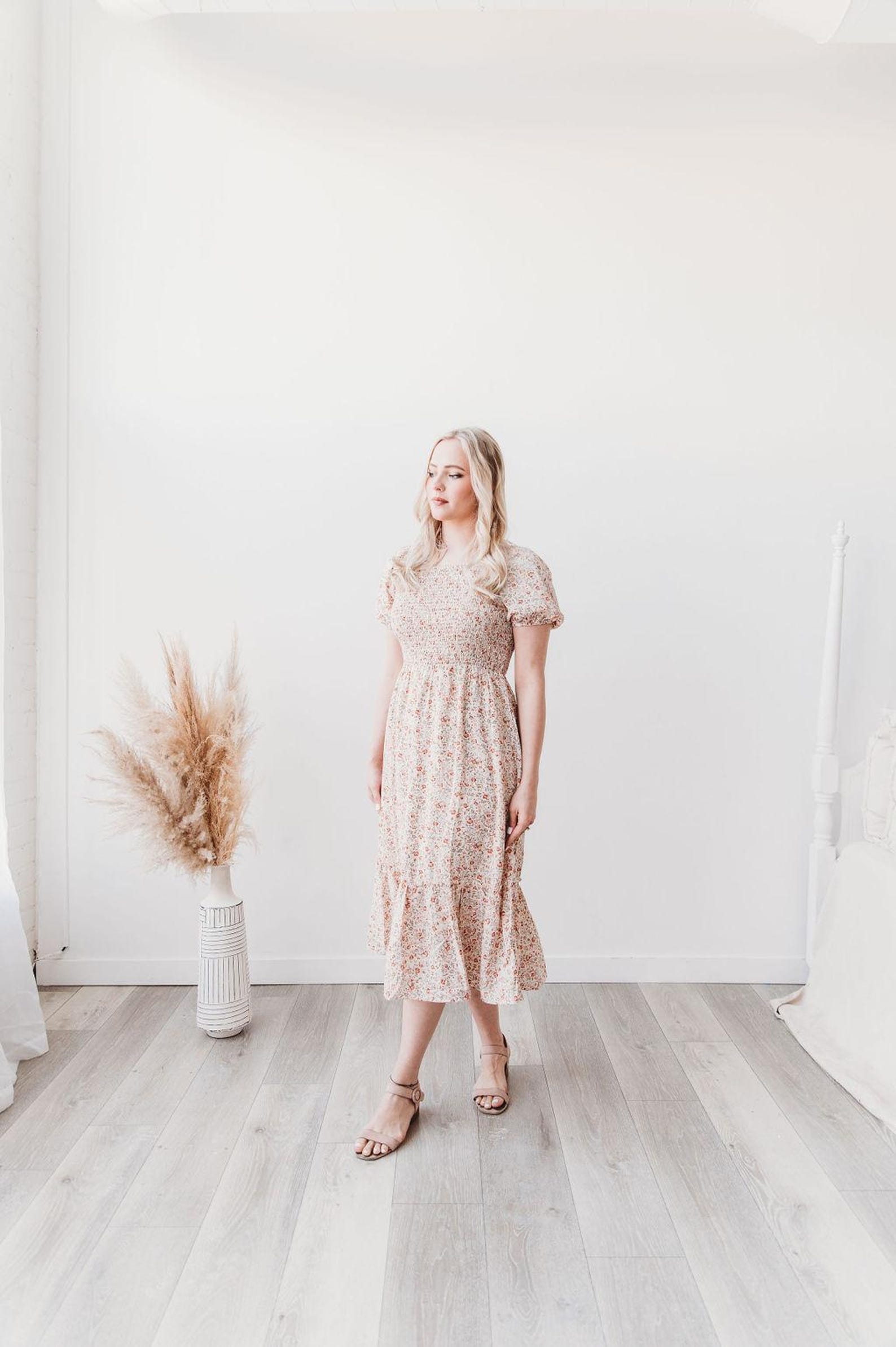 Floral Smocked Midi Dress – Cottagecore Puff Sleeve, Modest Style - Etsy