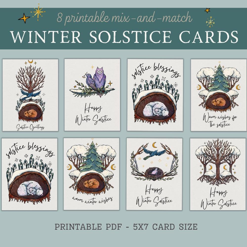 Printable Winter Solstice Cards (5 X 7), Yule Cards, Woodland Holiday ...