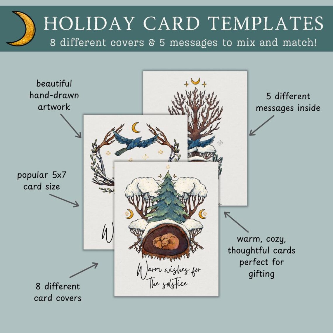Printable Winter Solstice Cards (5 X 7), Yule Cards, Woodland Holiday ...