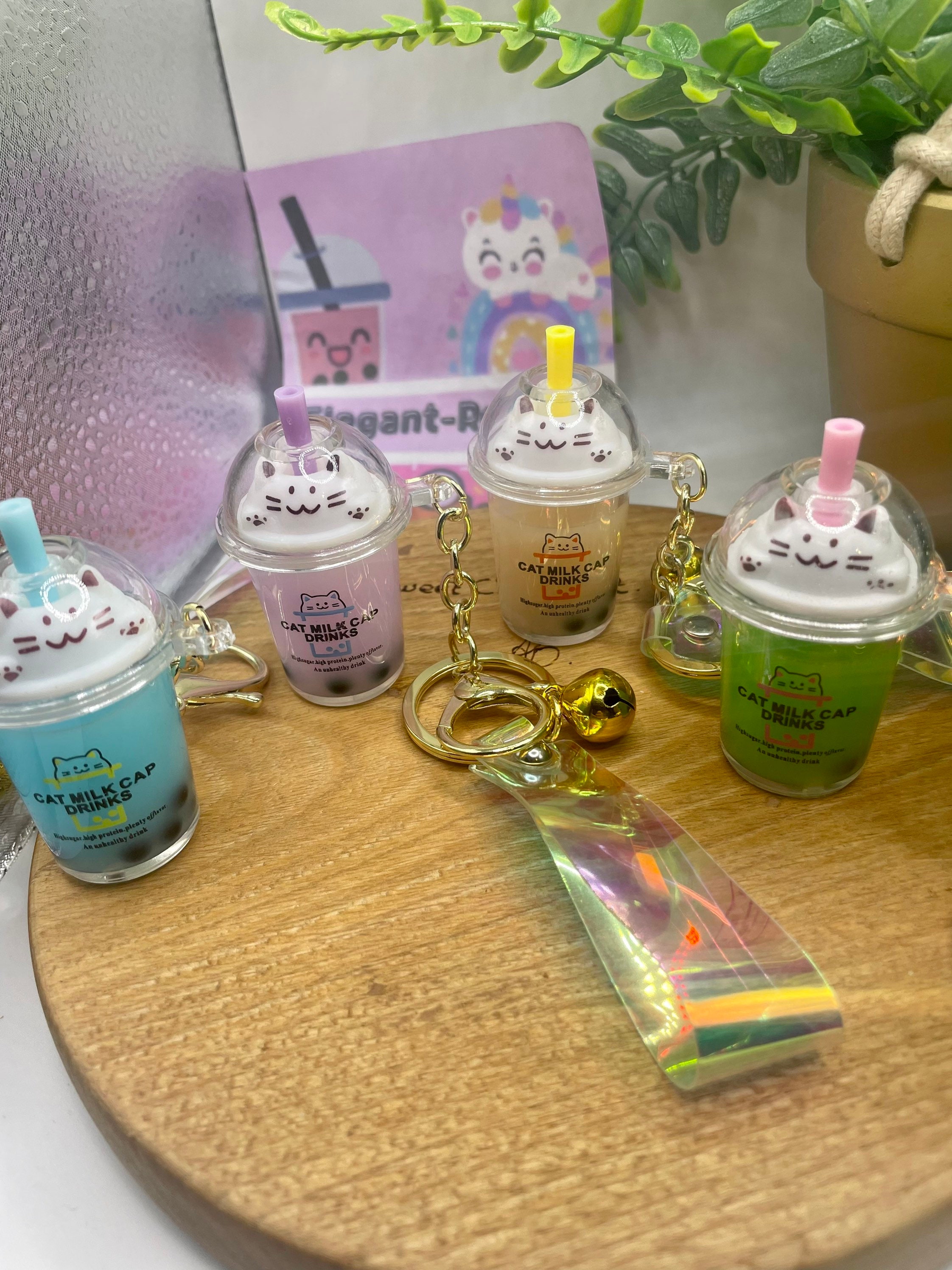 Cat Milk Cap Drinks Boba Tea Keychains/keyrings Kitty Anime Kawaii ...