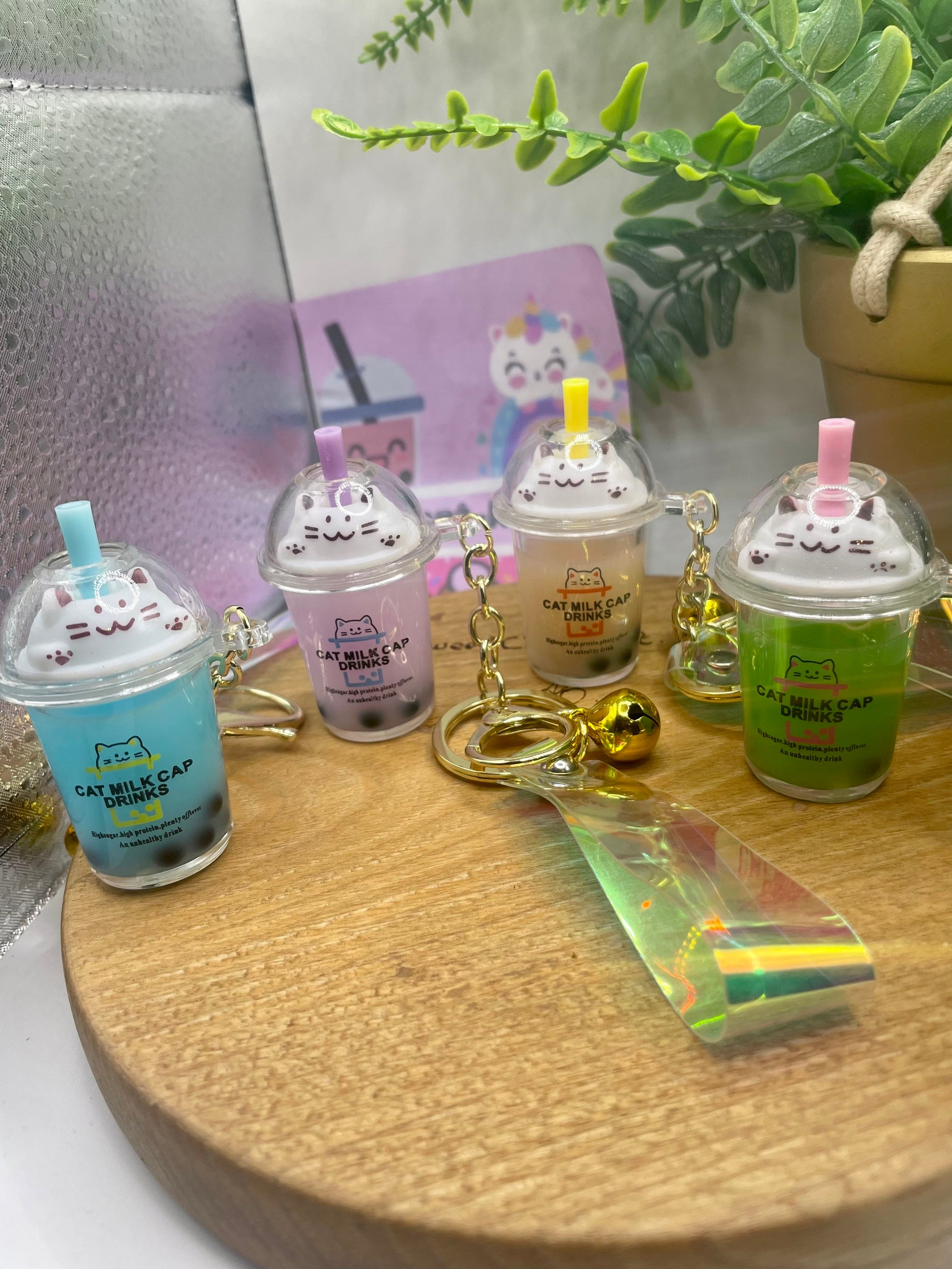 Cat Milk Cap Drinks Boba Tea Keychains/keyrings Kitty Anime Kawaii ...