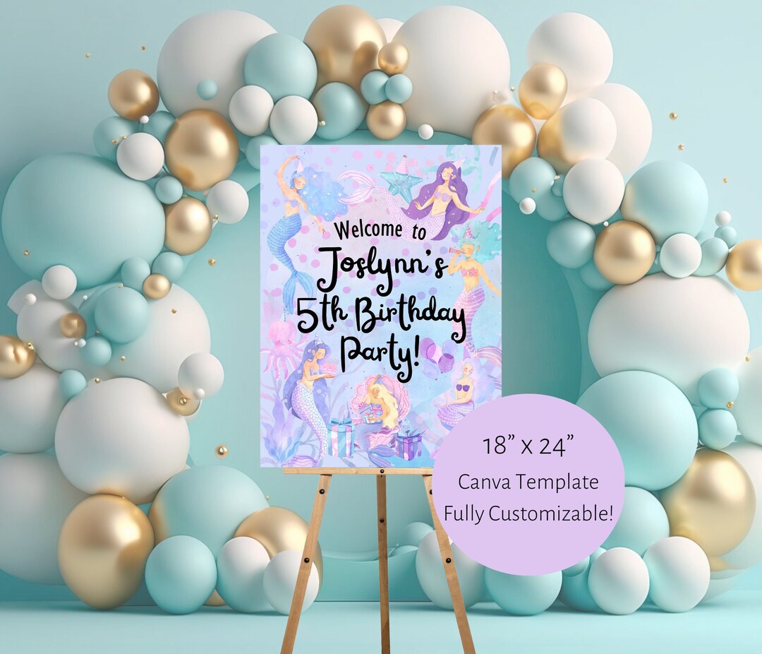 Mermaid Birthday Party Sign - Canva Template - 18” X 24” Fully ...