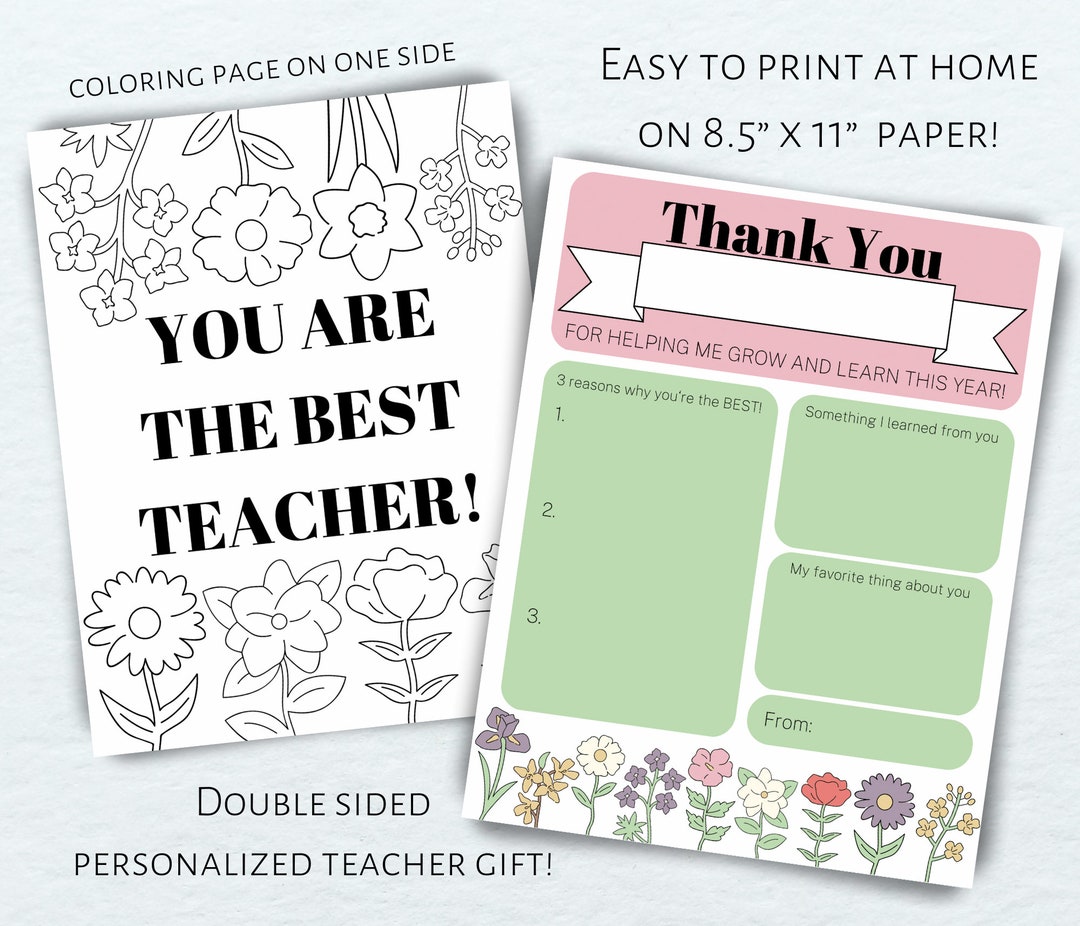 Teacher Appreciation Gift Teacher Thank You Print Out Coloring Page ...