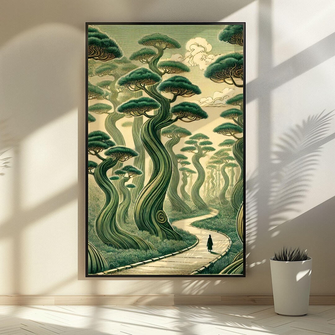Vintage Japanese Forest Poster - Ukiyo-e Inspired Art, Swirling Trees ...