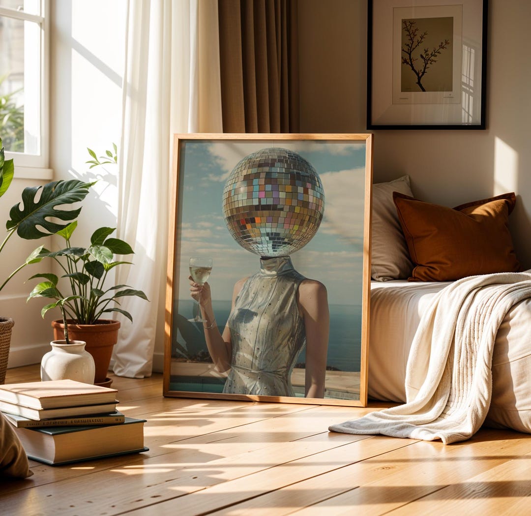 Disco Ball Pool Poster, Retro Funky Wall Art, Mirror Ball Head Print ...