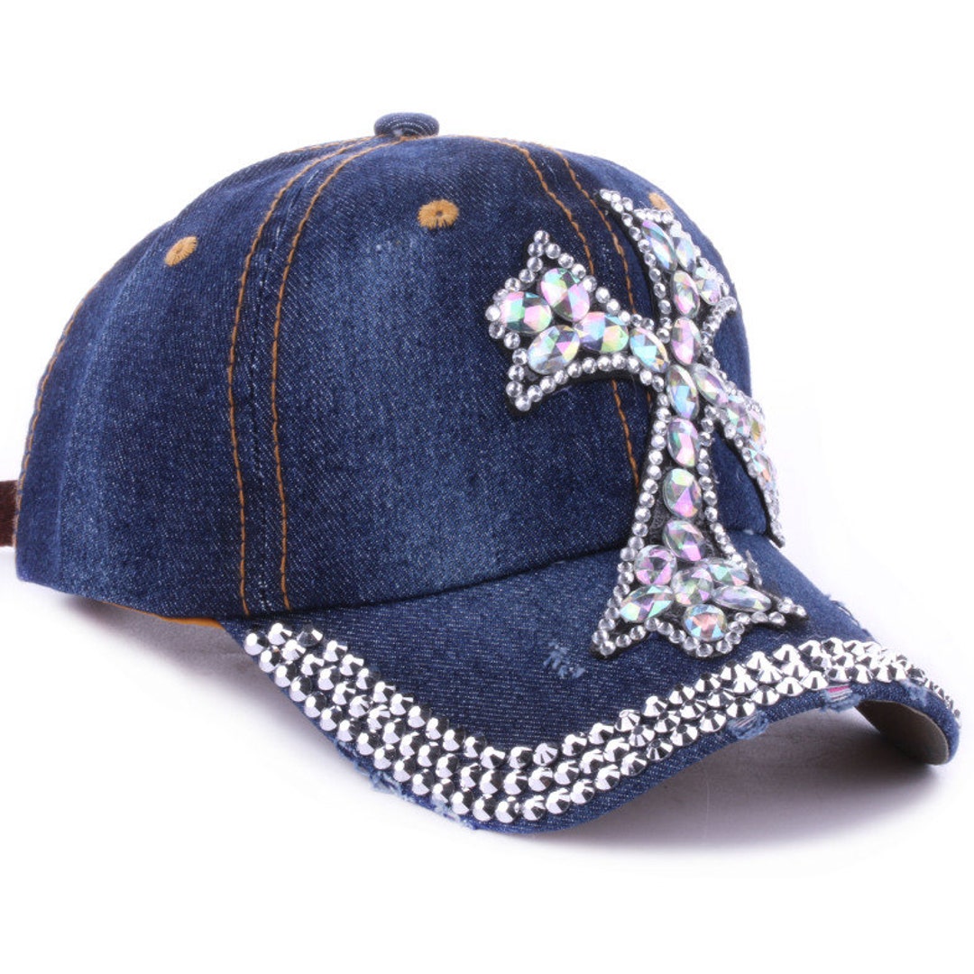 Rhinestones Cross Denim Baseball Cap | Christian Hat Women | Sparkly ...