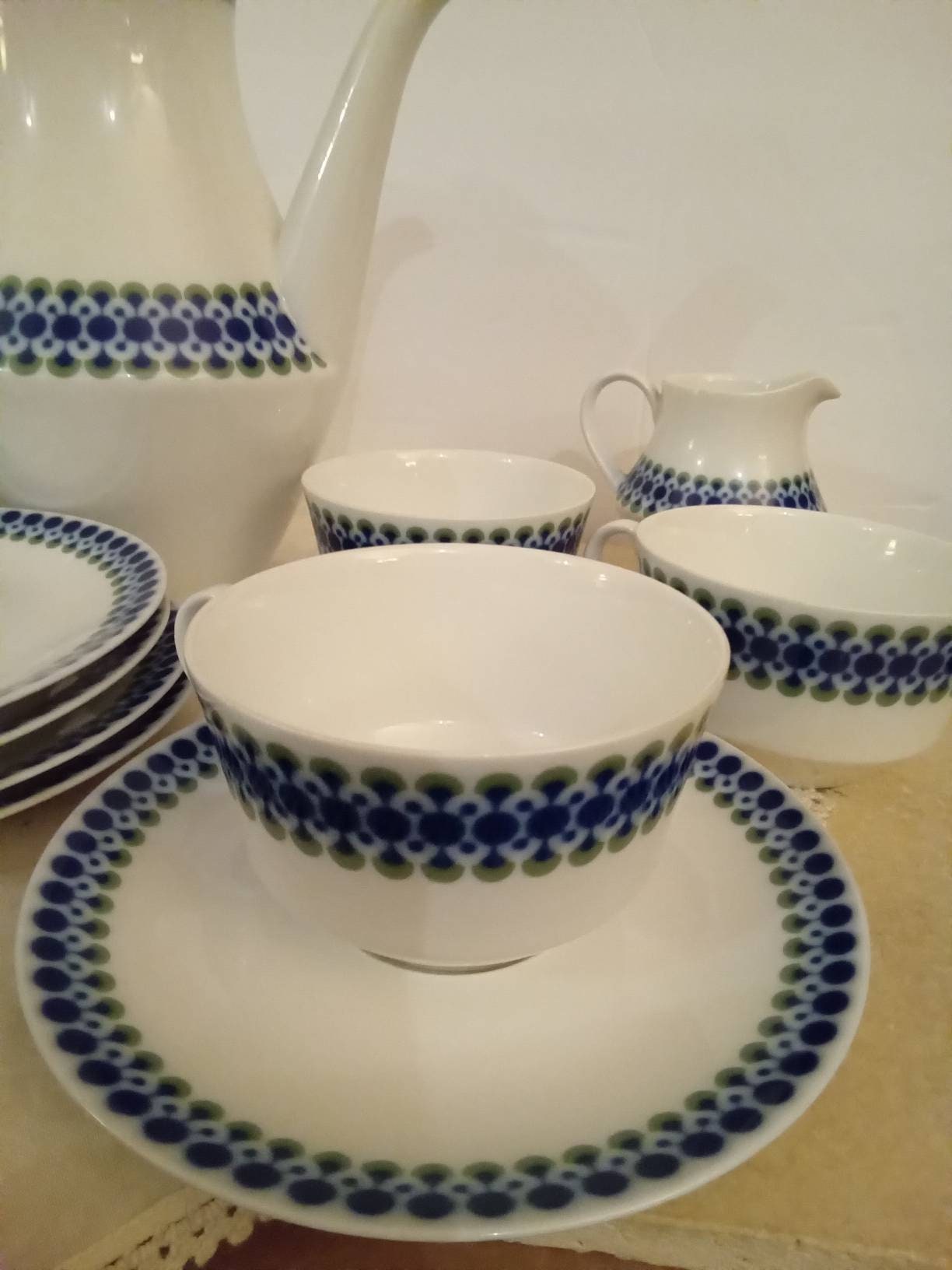 Rare Vintage Arzberg China Tea Set Germany White Blue and Green Teapot ...