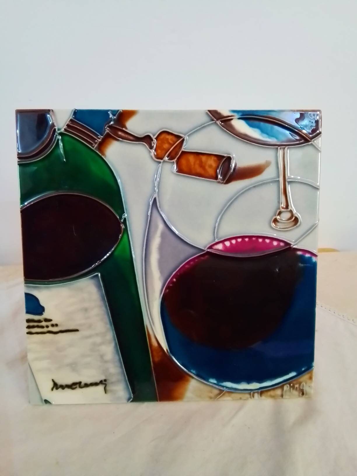 Signed PING Ceramic Tile Glass Wine and Bottle 8" Decorative Trivet ...