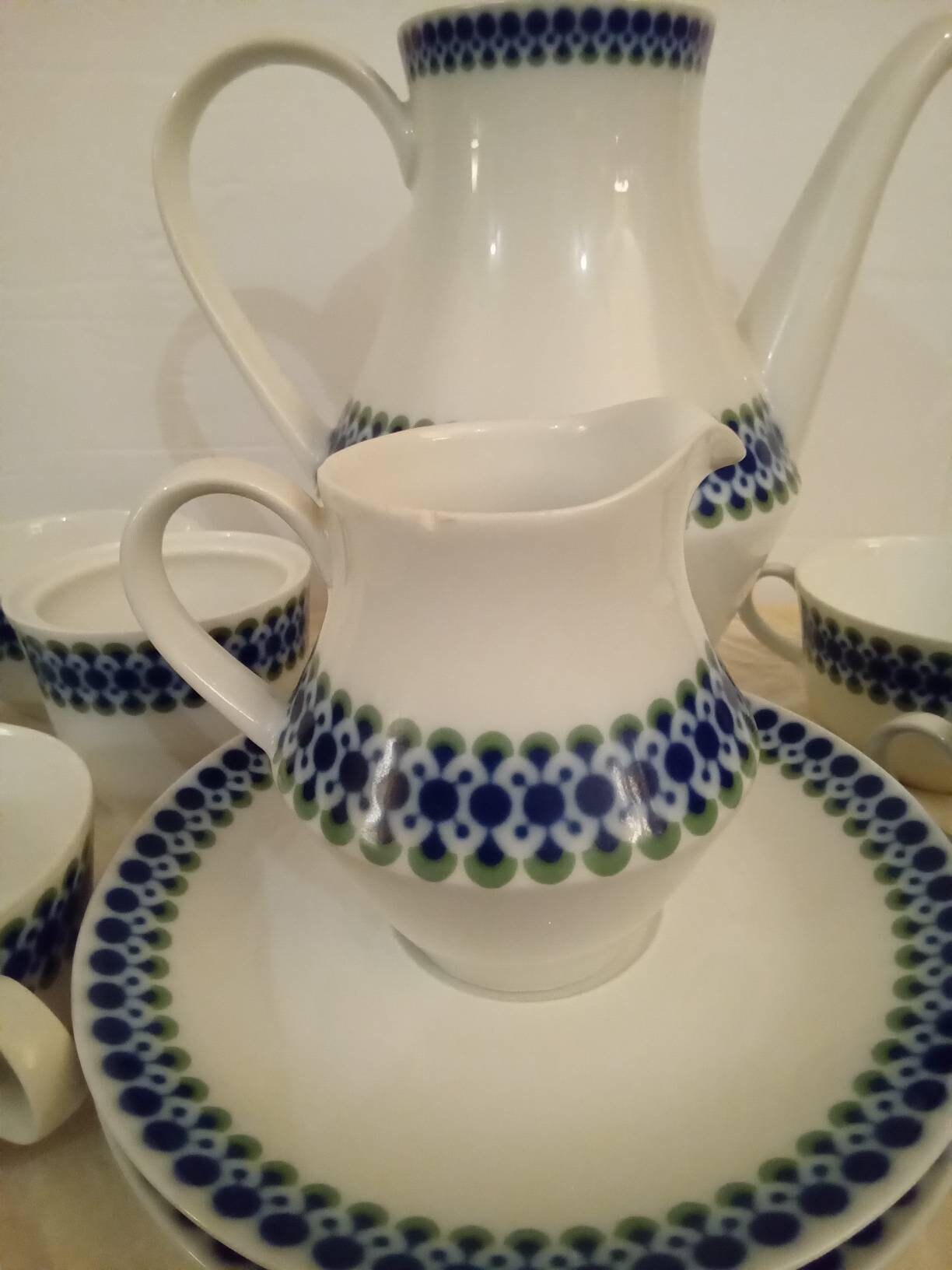 Rare Vintage Arzberg China Tea Set Germany White Blue and Green Teapot ...