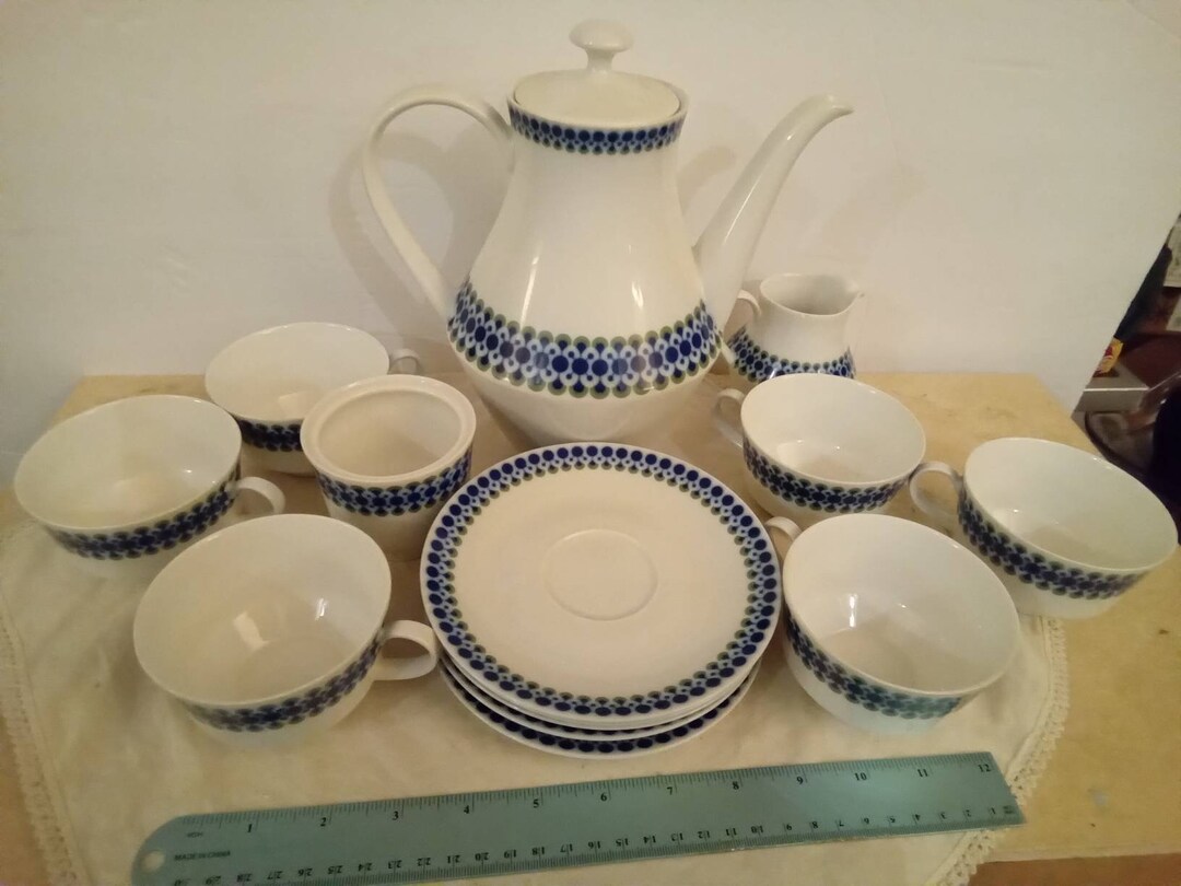 Rare Vintage Arzberg China Tea Set Germany White Blue and Green Teapot ...
