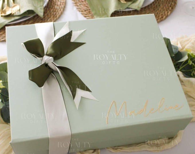 MAGNETIC BOX ONLY Light Sage Green Gold Personalized Empty Gift Box ...