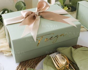 MAGNETIC BOX ONLY Light Sage Green Gold Personalized Empty Gift Box ...