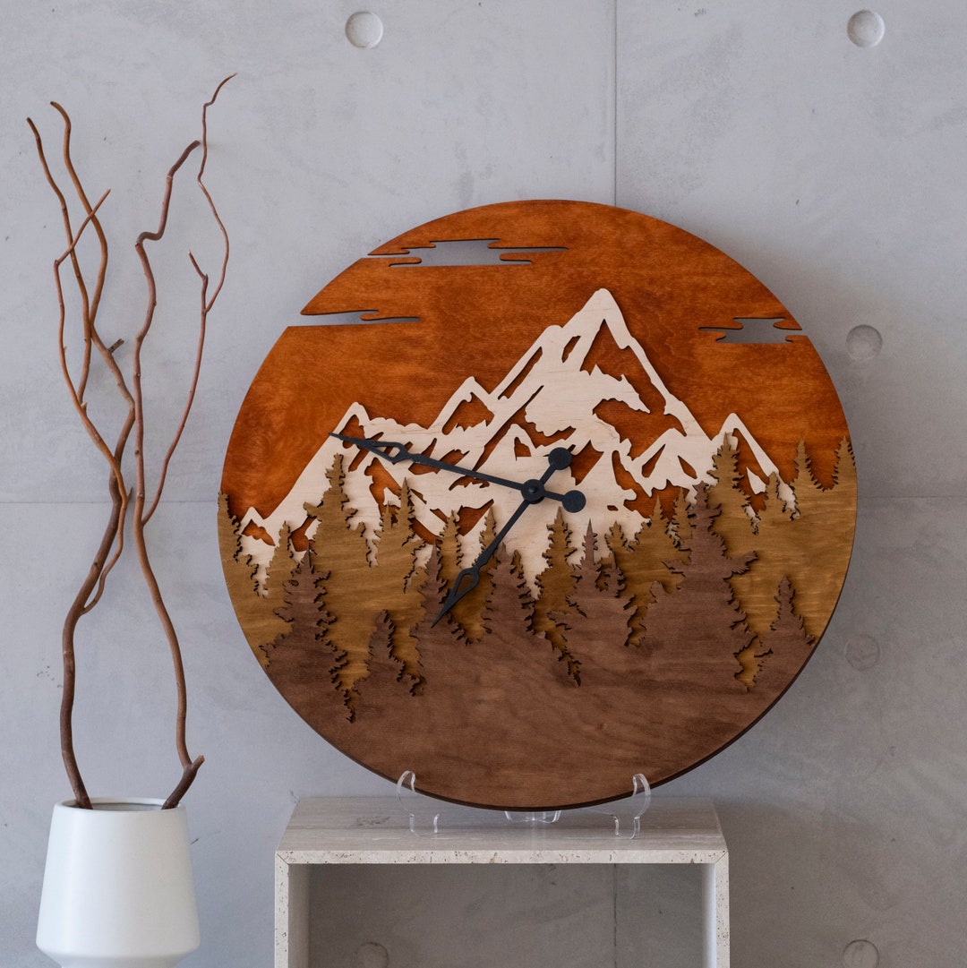Mountain Wall Clock, Forest Wood Clock, Mountain Wall Decor, Nature ...