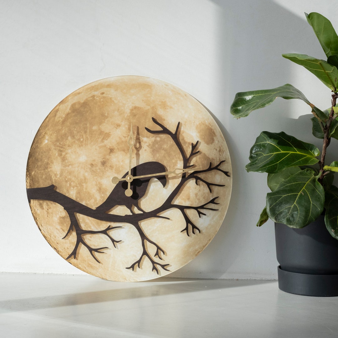 Crow Clock, Bird Wall Clock, Raven Clock, Moon Wall Clock, Full Moon ...