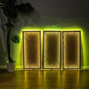 Geometric Wall Art Set With Led, Wood Wall Art Set of 3, Geometric ...