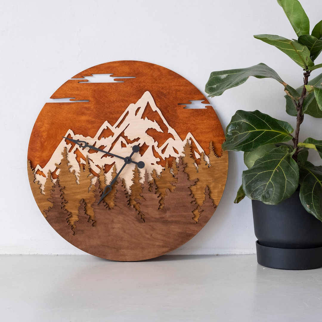Mountain Wall Clok, Forest Wood Clock, Mountain Wall Decor, Nature Wall ...