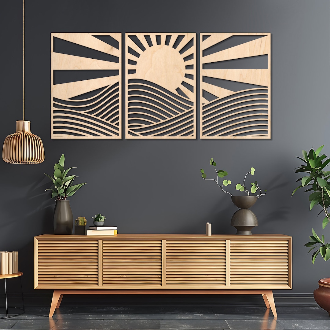 Wooden Sun Wall Art, Wood Wall Sunburst, Sunburst Wall Decor, Mountain ...