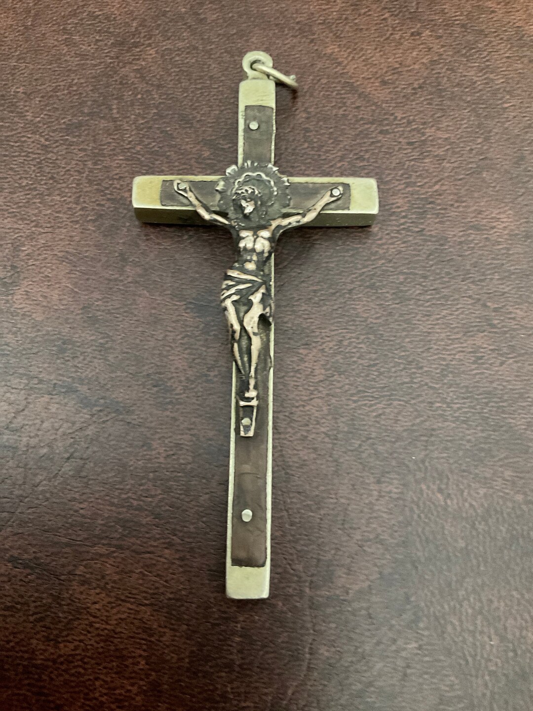 Antique Large Crucifix Silver Metal Inlaid With Wood With Sacred Heart ...