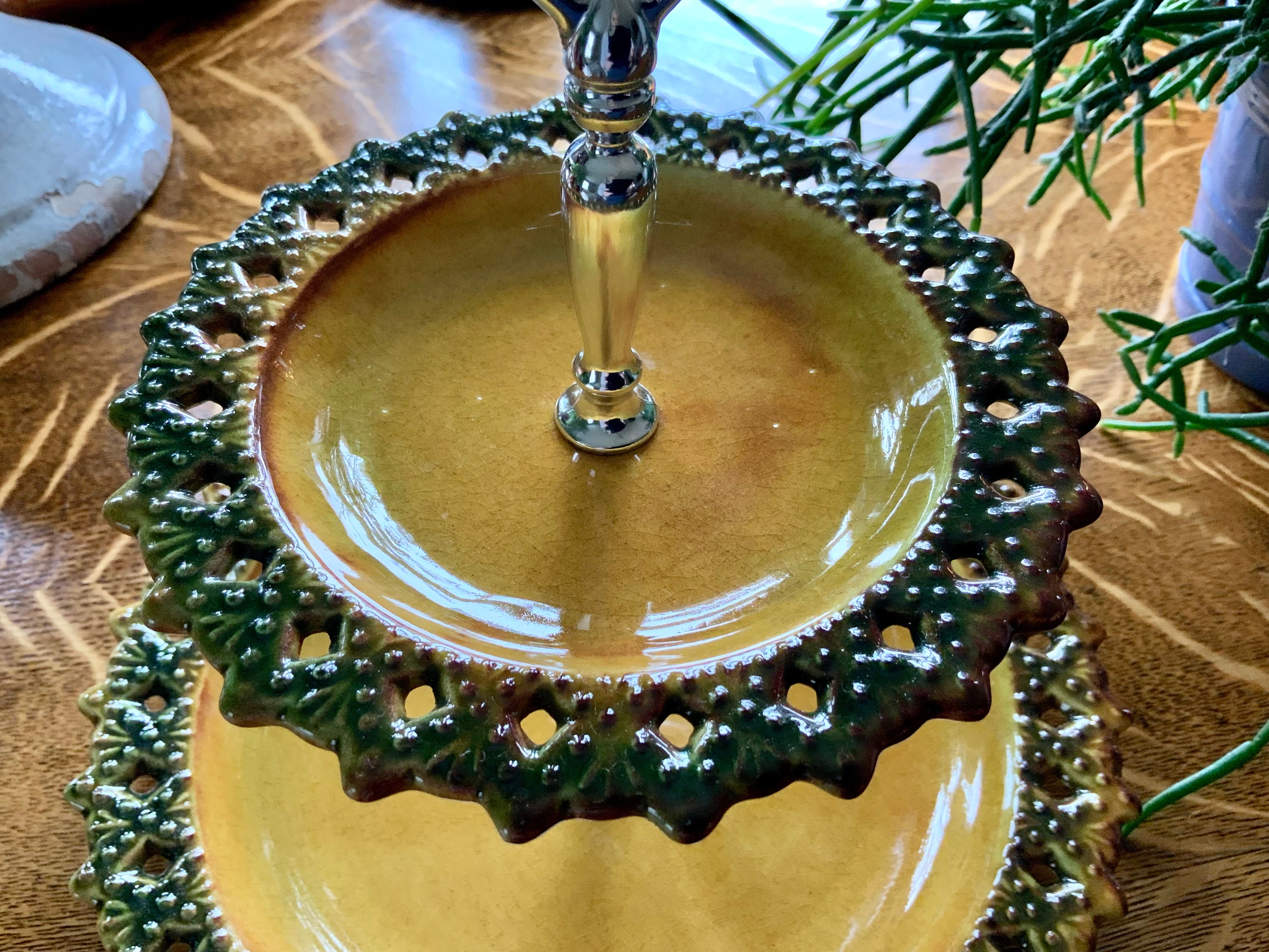 USA Mccoy Pottery Two Tier Server Yellow With Green & Brown Rim - Etsy