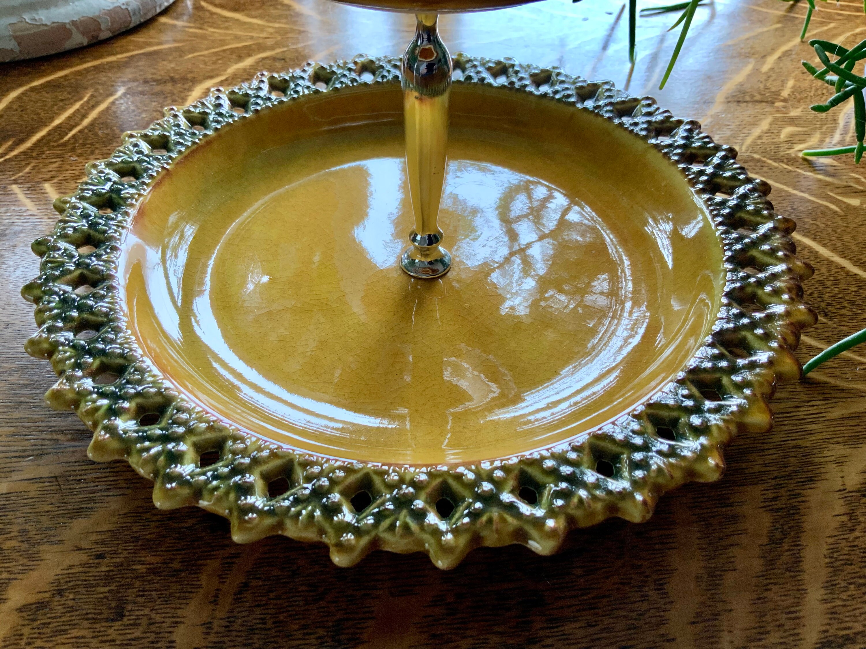 USA Mccoy Pottery Two Tier Server Yellow With Green & Brown Rim - Etsy