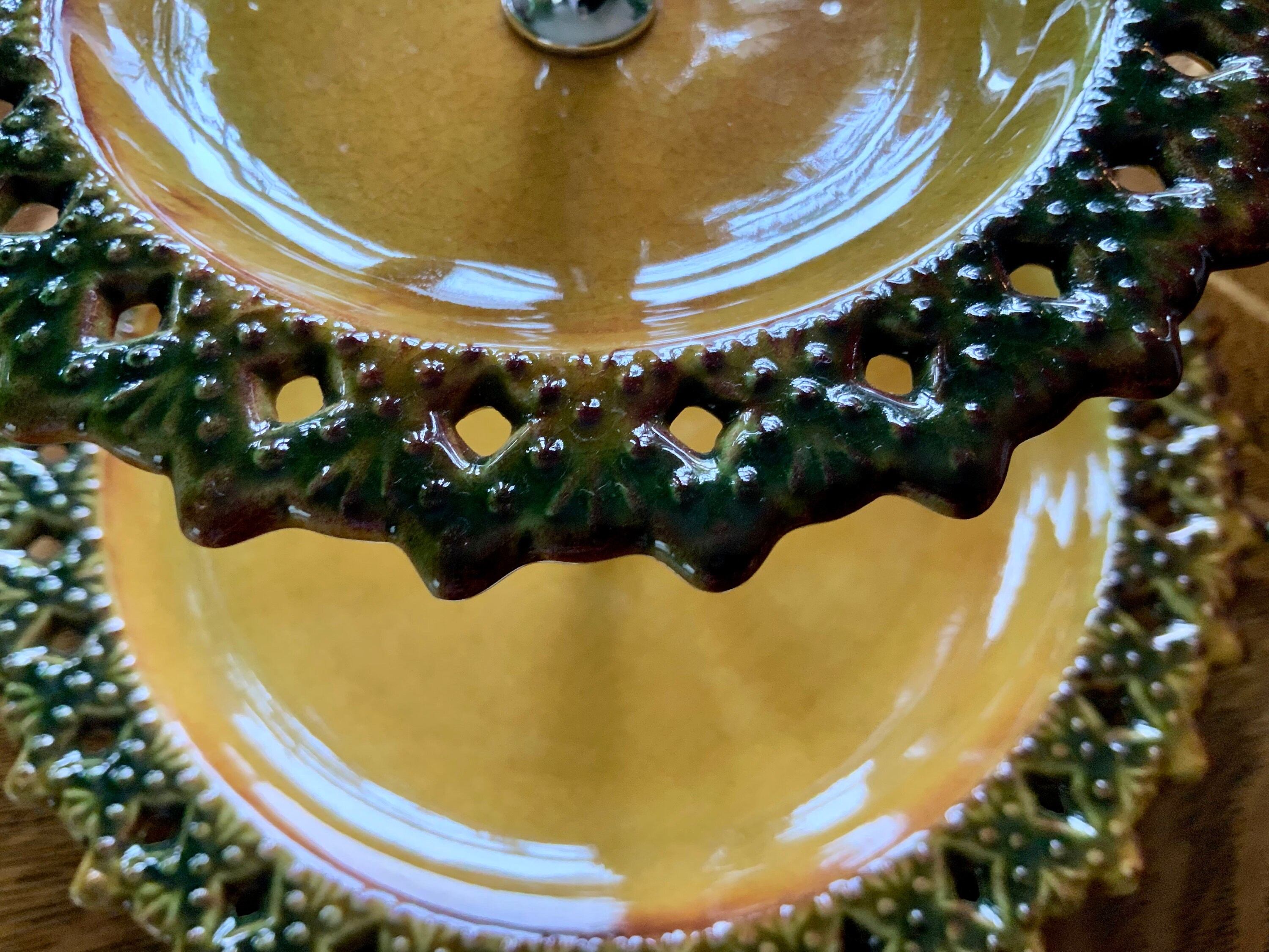 USA Mccoy Pottery Two Tier Server Yellow With Green & Brown Rim - Etsy