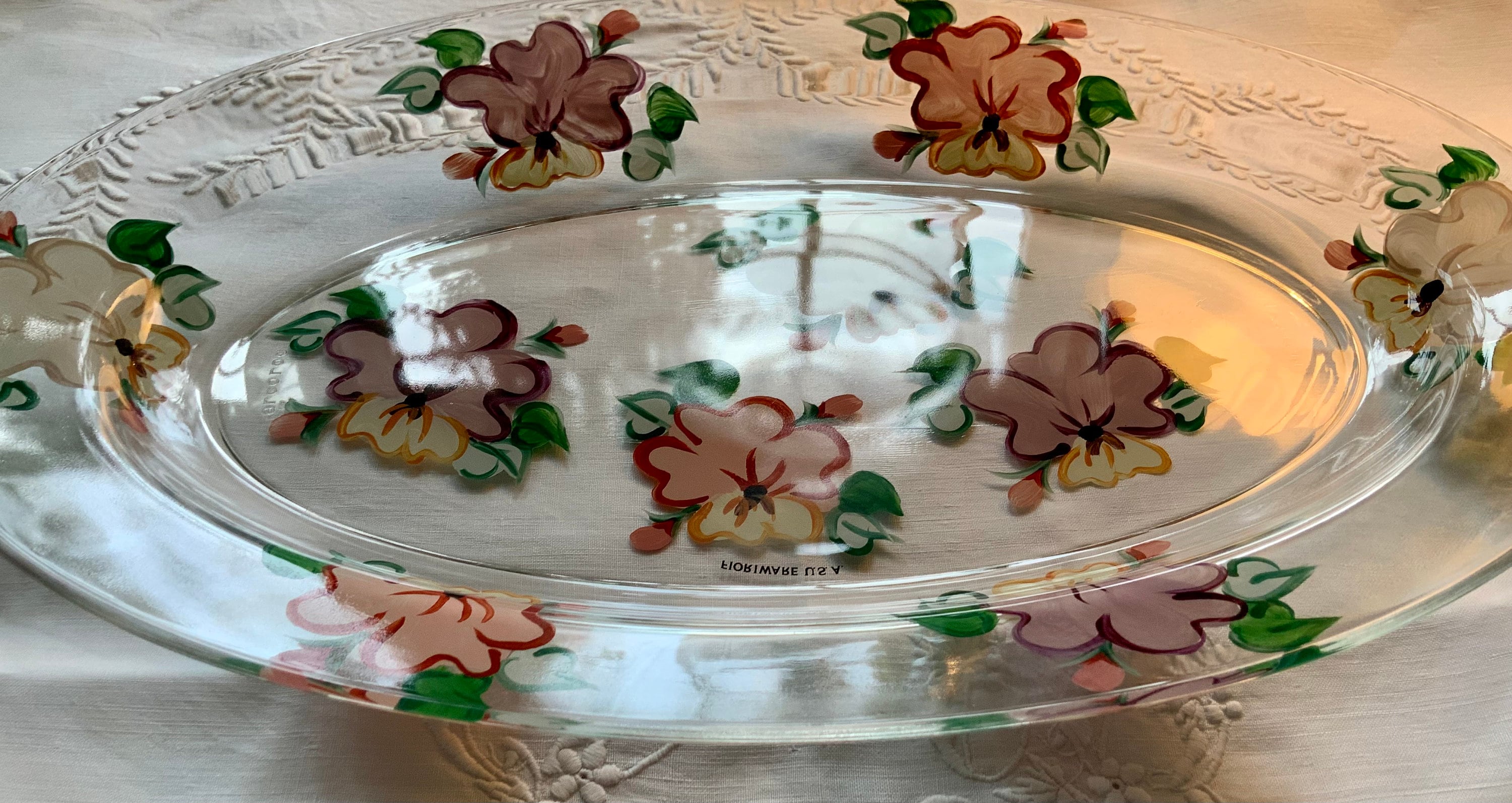 Fioriware 14-inch Hand Painted Glass Oval Platter Pink Purple Flowers ...