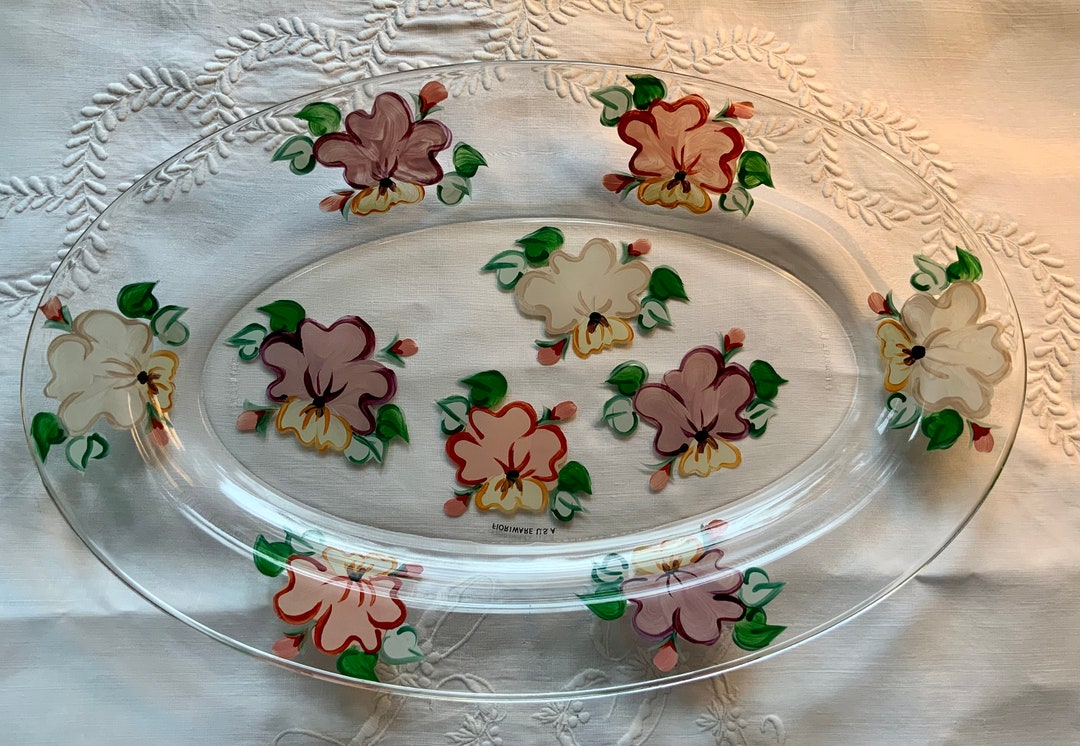 Fioriware 14-inch Hand Painted Glass Oval Platter Pink Purple Flowers ...