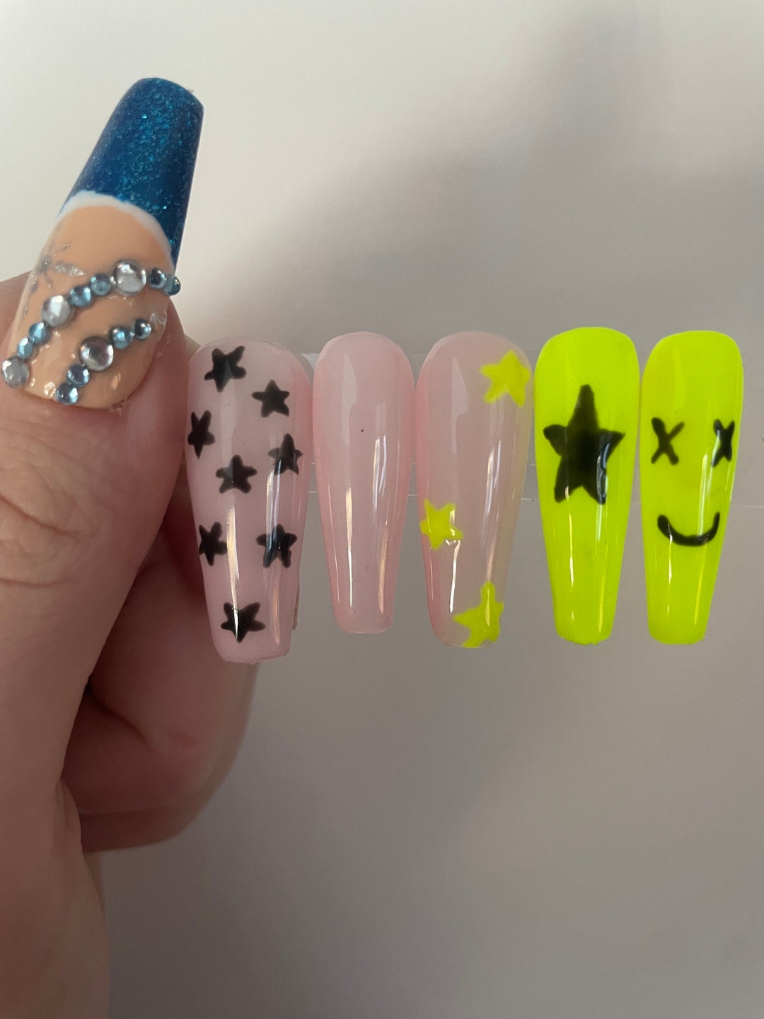 Electric Feel Neon Press on Nails Star Press on Nails Neon Yellow Press ...