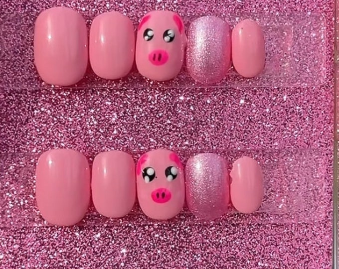 Kids Pig Press on Nails | Pink Glue on Nails | Kids Fake Nails Nails ...
