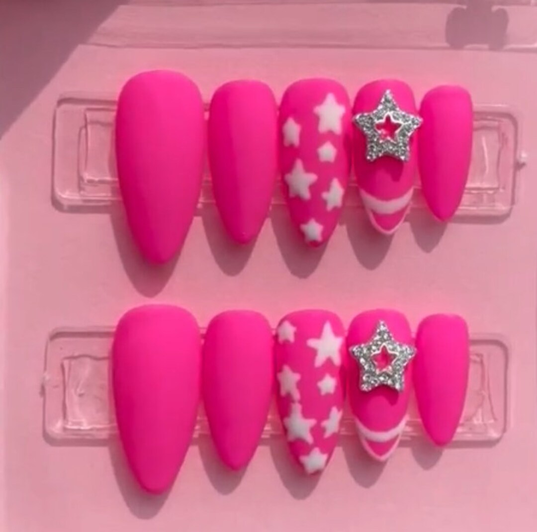Pink Star Press on Nails Pink Matte Press on Nails Almond Fake Nails ...