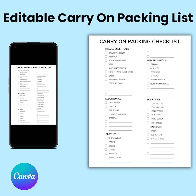 Carry on Packing List - Etsy