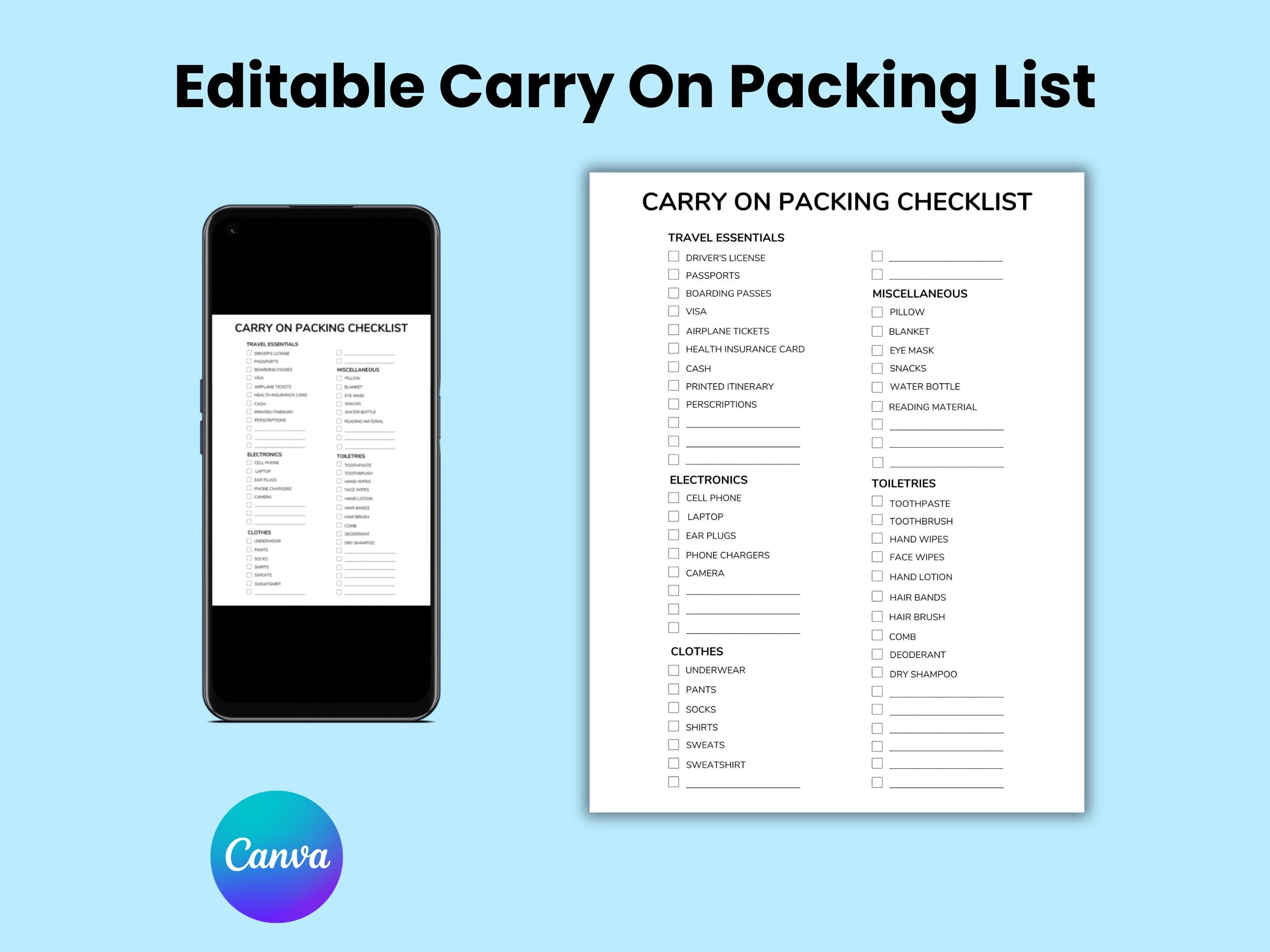 Printable Packing List - Packing List - Carry on Printable List - Carry ...