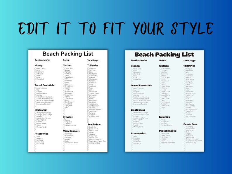 Beach Printable Packing List - Beach Packing List - Printable ...