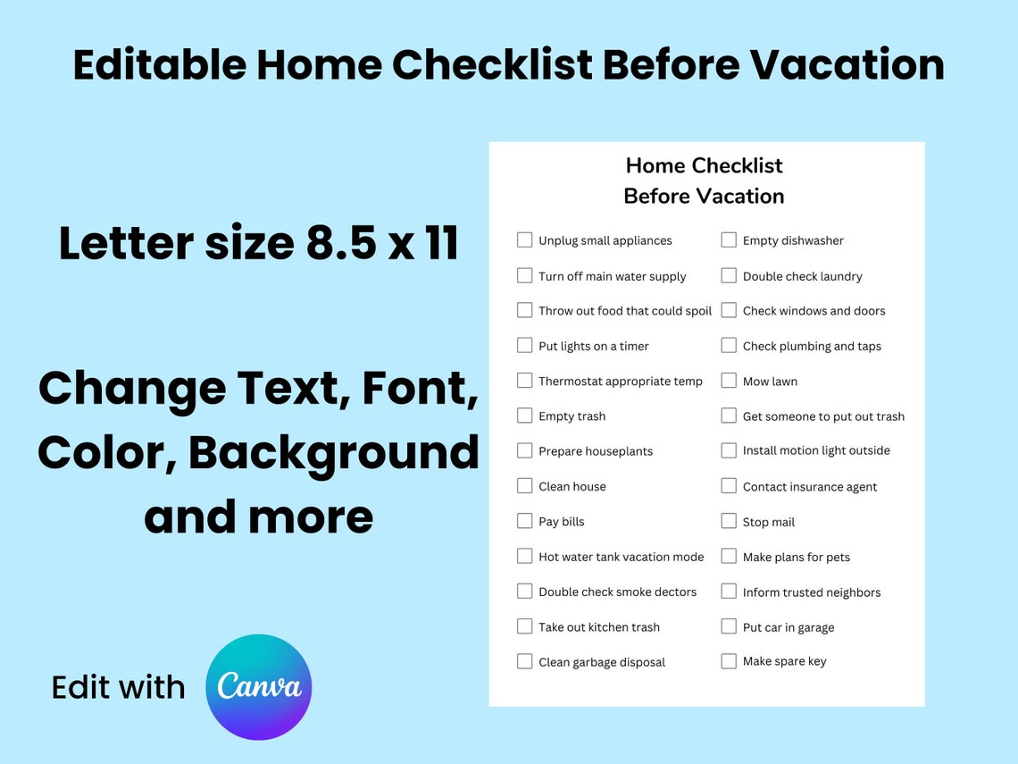 Home Trip Checklist, Home Vacation Checklist, Checklist, Printable Home ...