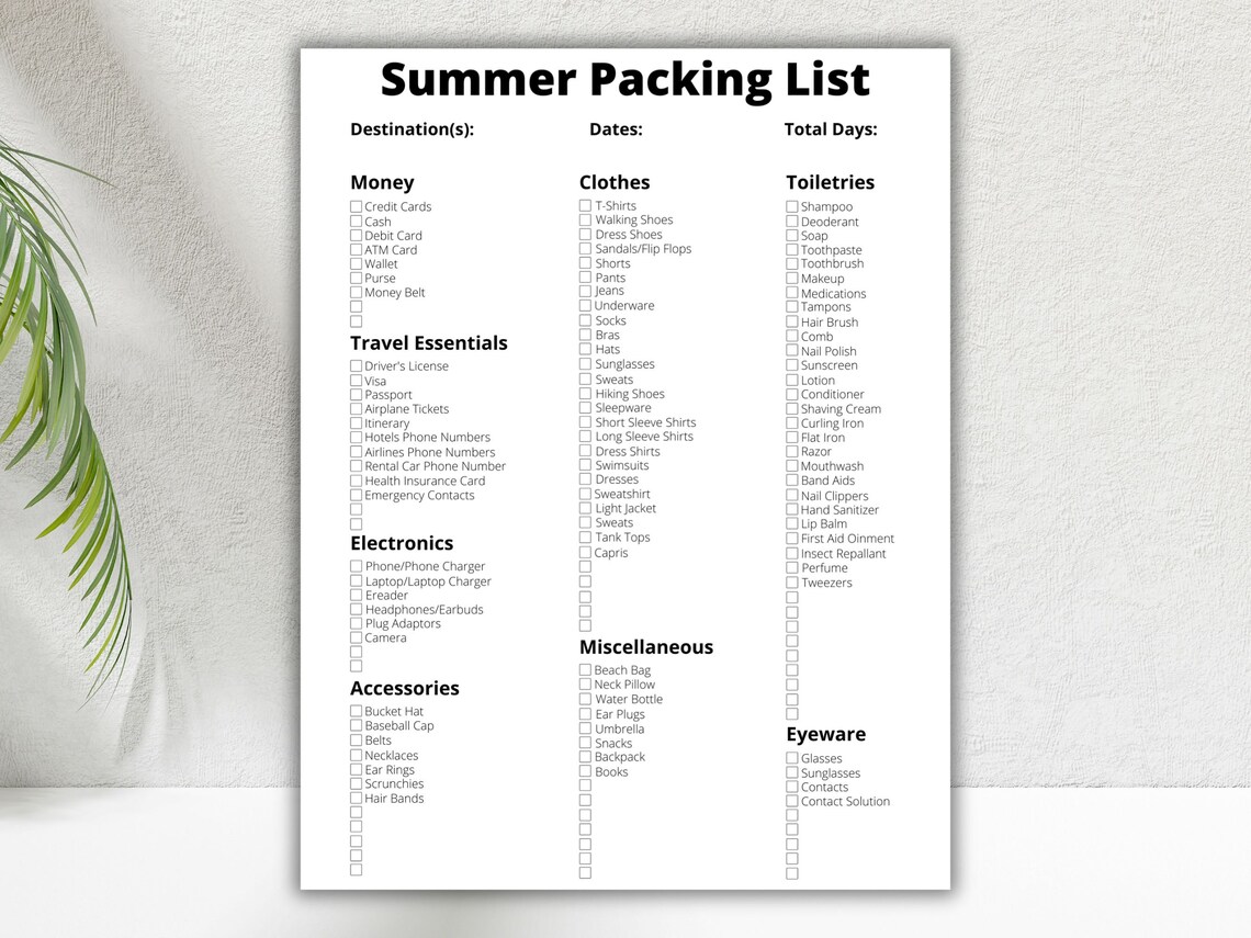 Printable Packing List - Packing List - Printable - Editable - Summer ...