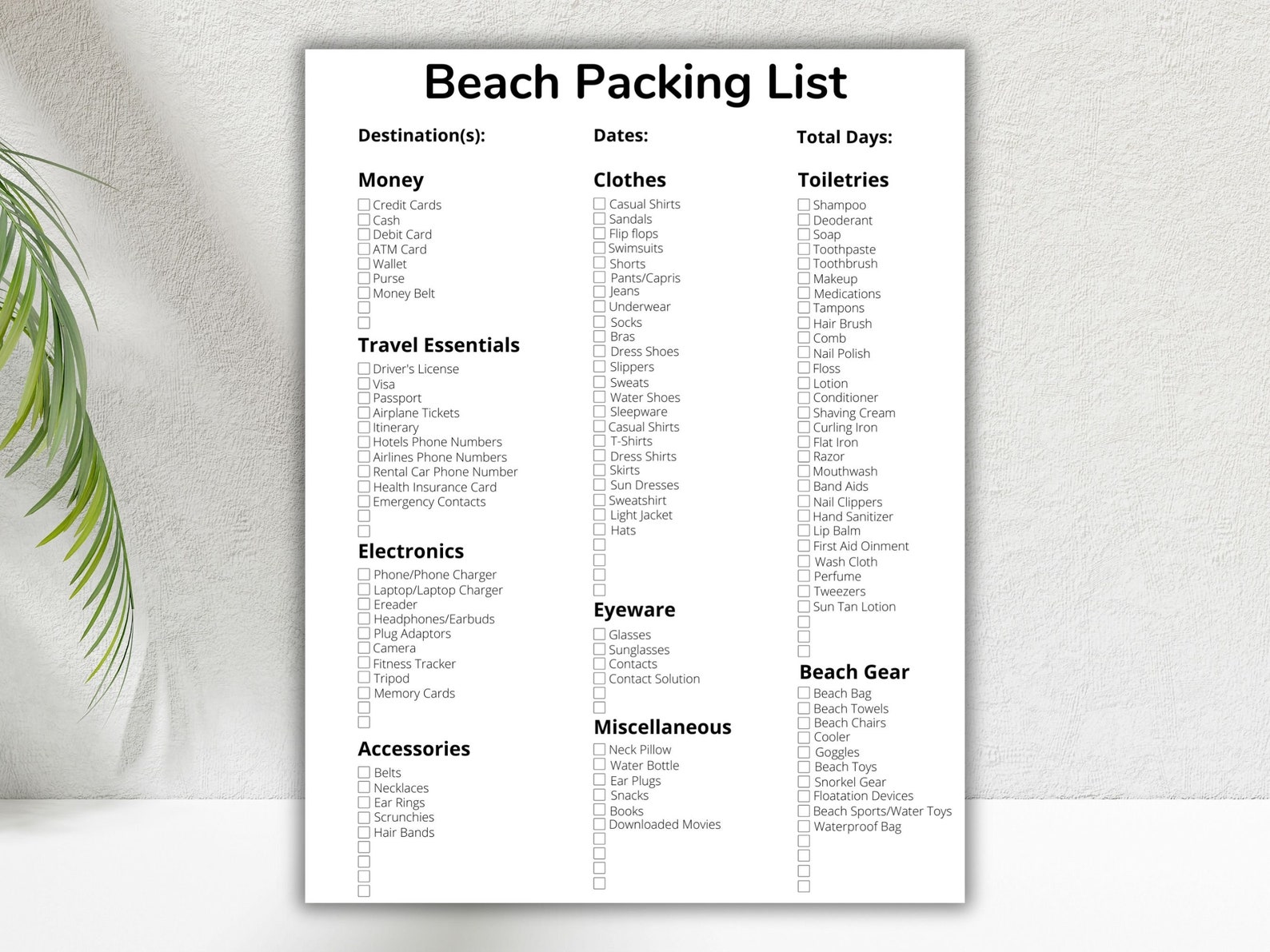 Beach Printable Packing List - Beach Packing List - Printable ...