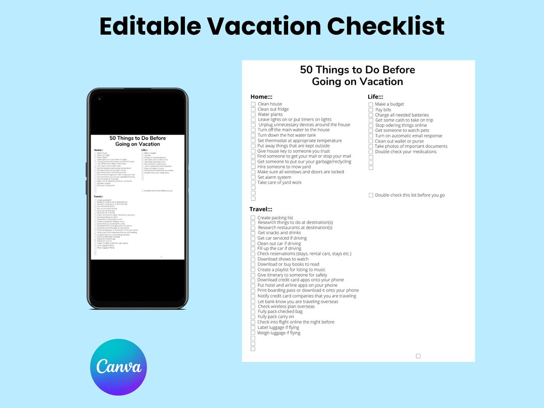 Travel Checklist - Vacation Checklist - Printable Checklist - Digital ...