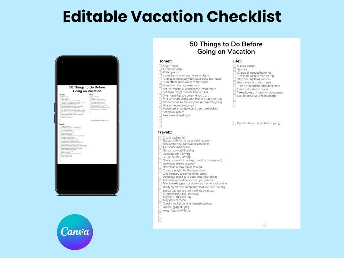 Travel Checklist - Vacation Checklist - Printable Checklist - Digital ...