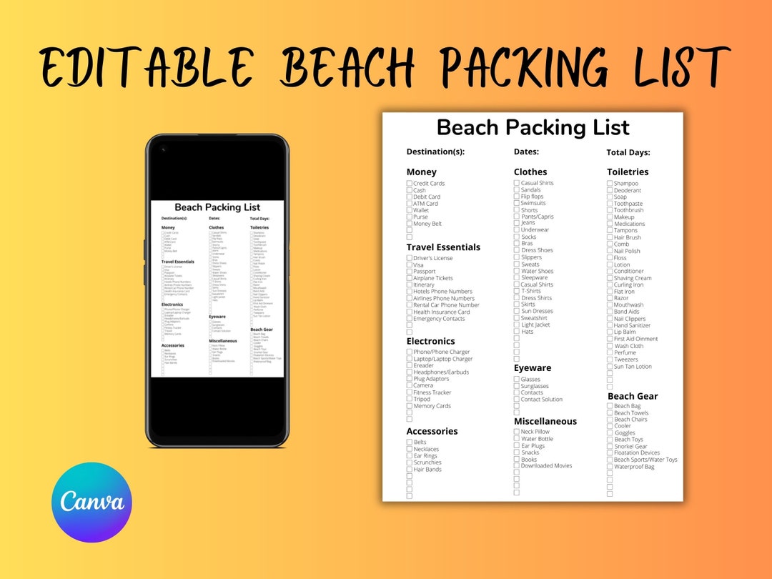 Beach Printable Packing List Beach Packing List Printable - Etsy