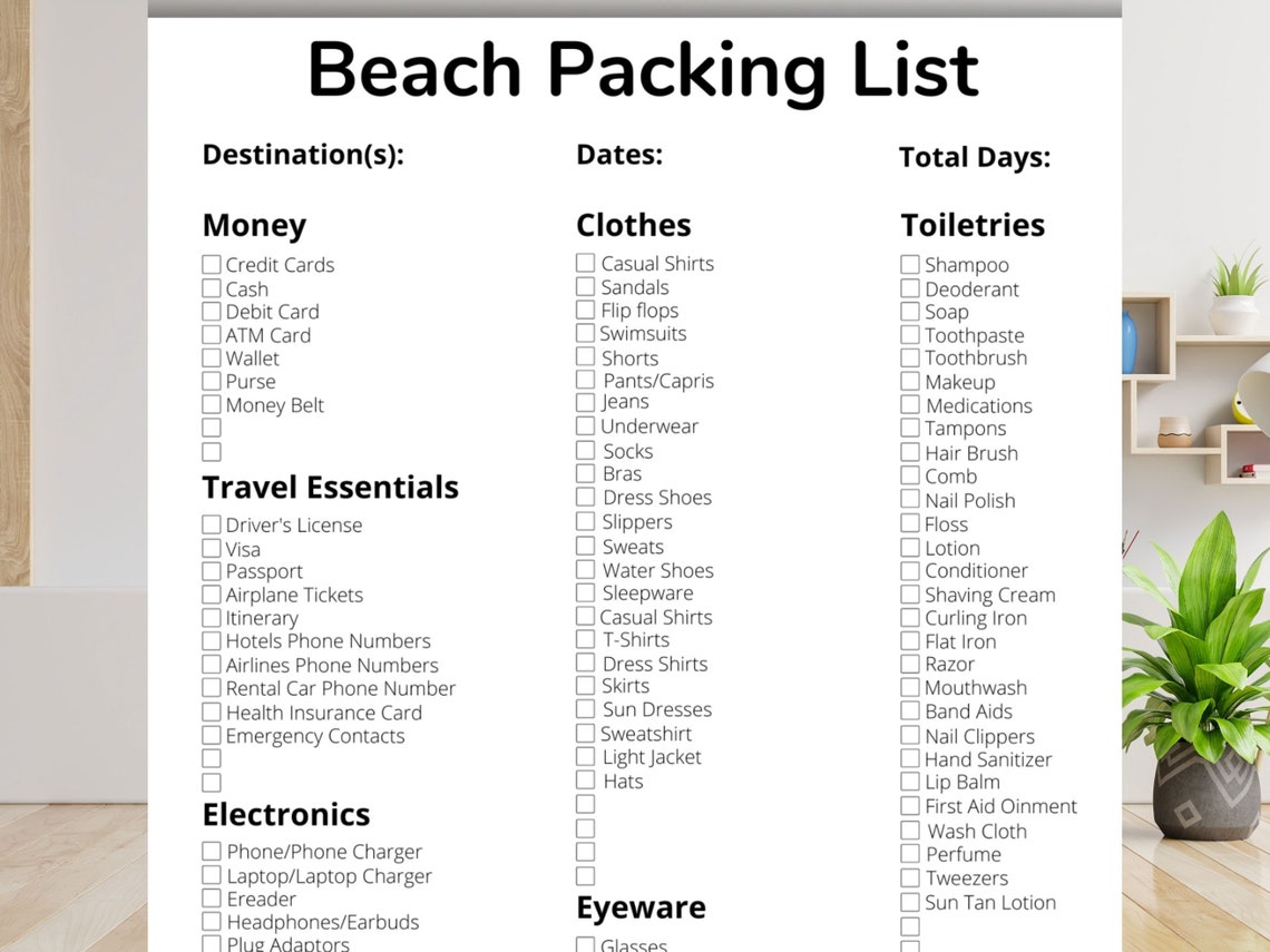 Beach Printable Packing List - Beach Packing List - Printable ...