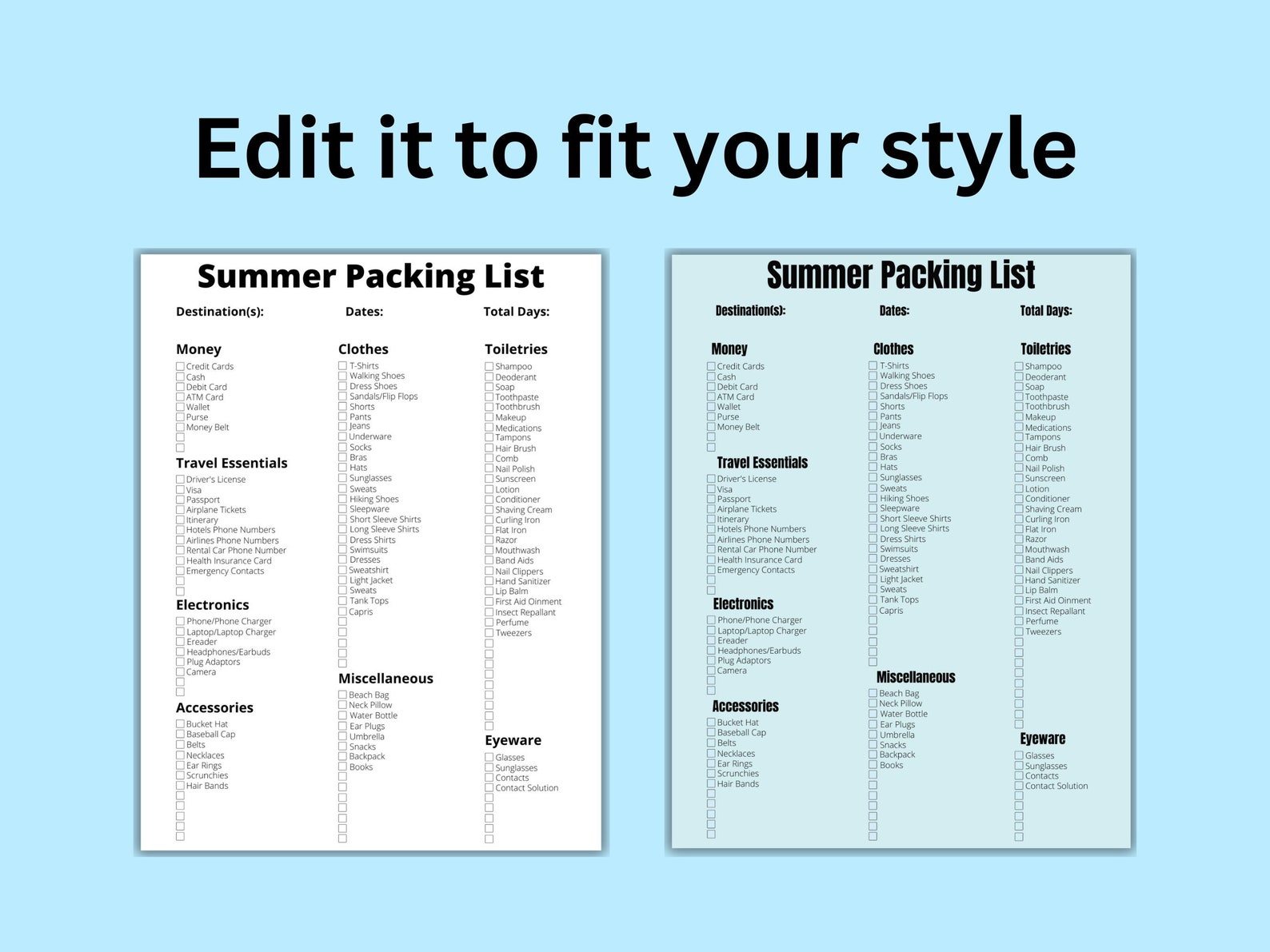 Printable Packing List - Packing List - Printable - Editable - Summer ...